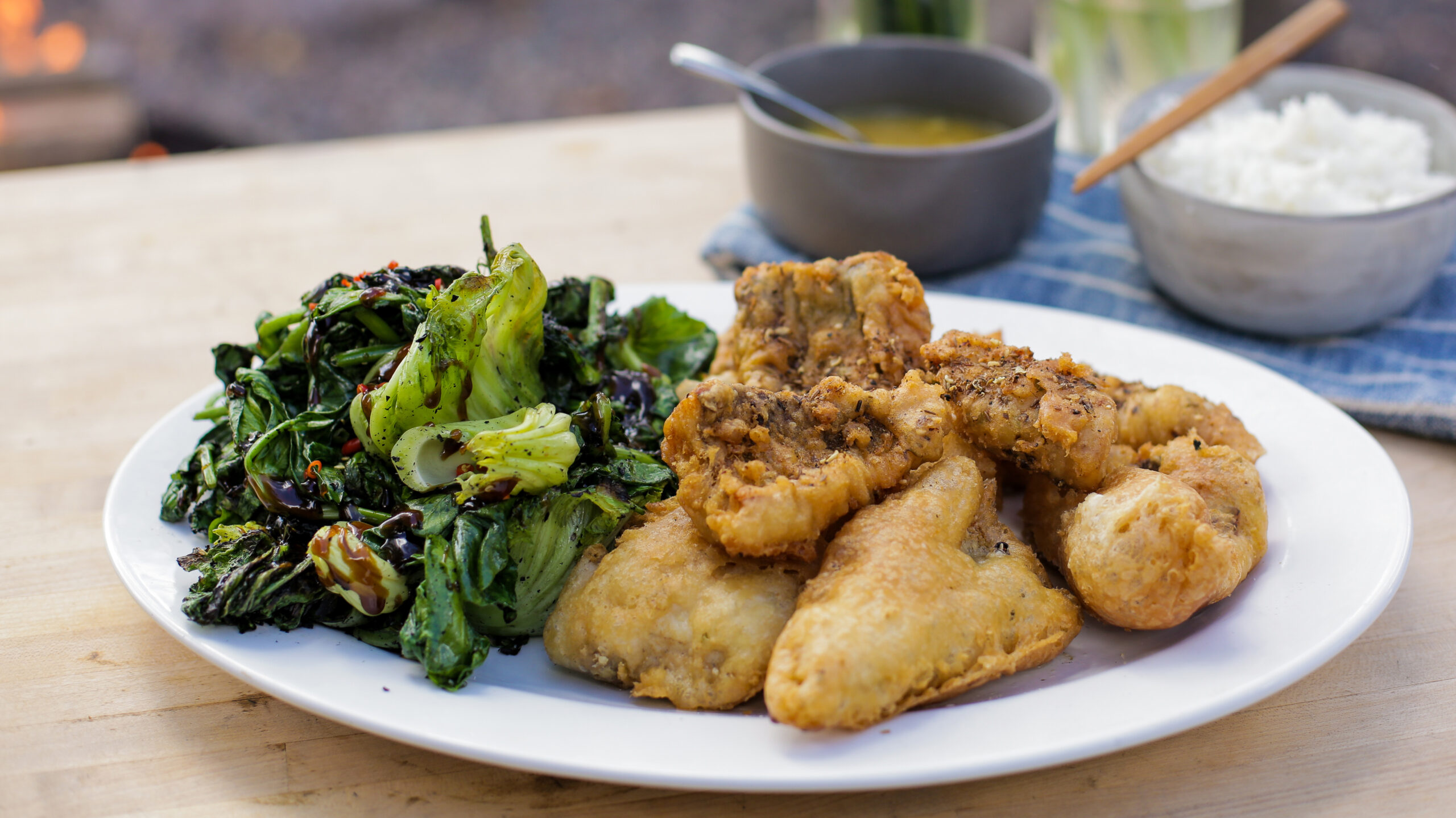 Fried Walleye with Lemon Sauce and Charred Greens - Andrew Zimmern