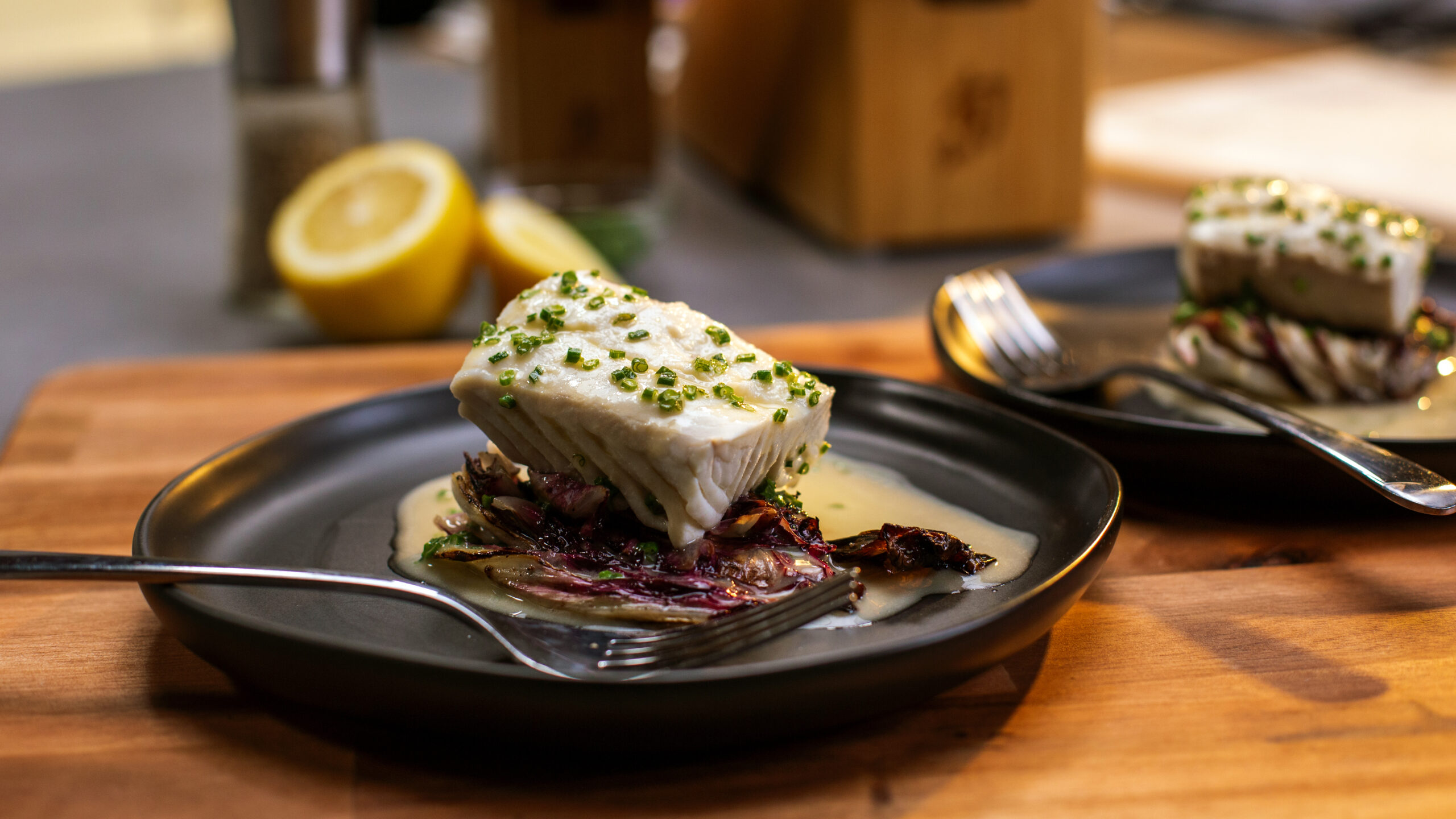 Poached Halibut with Charred Radicchio - Andrew Zimmern