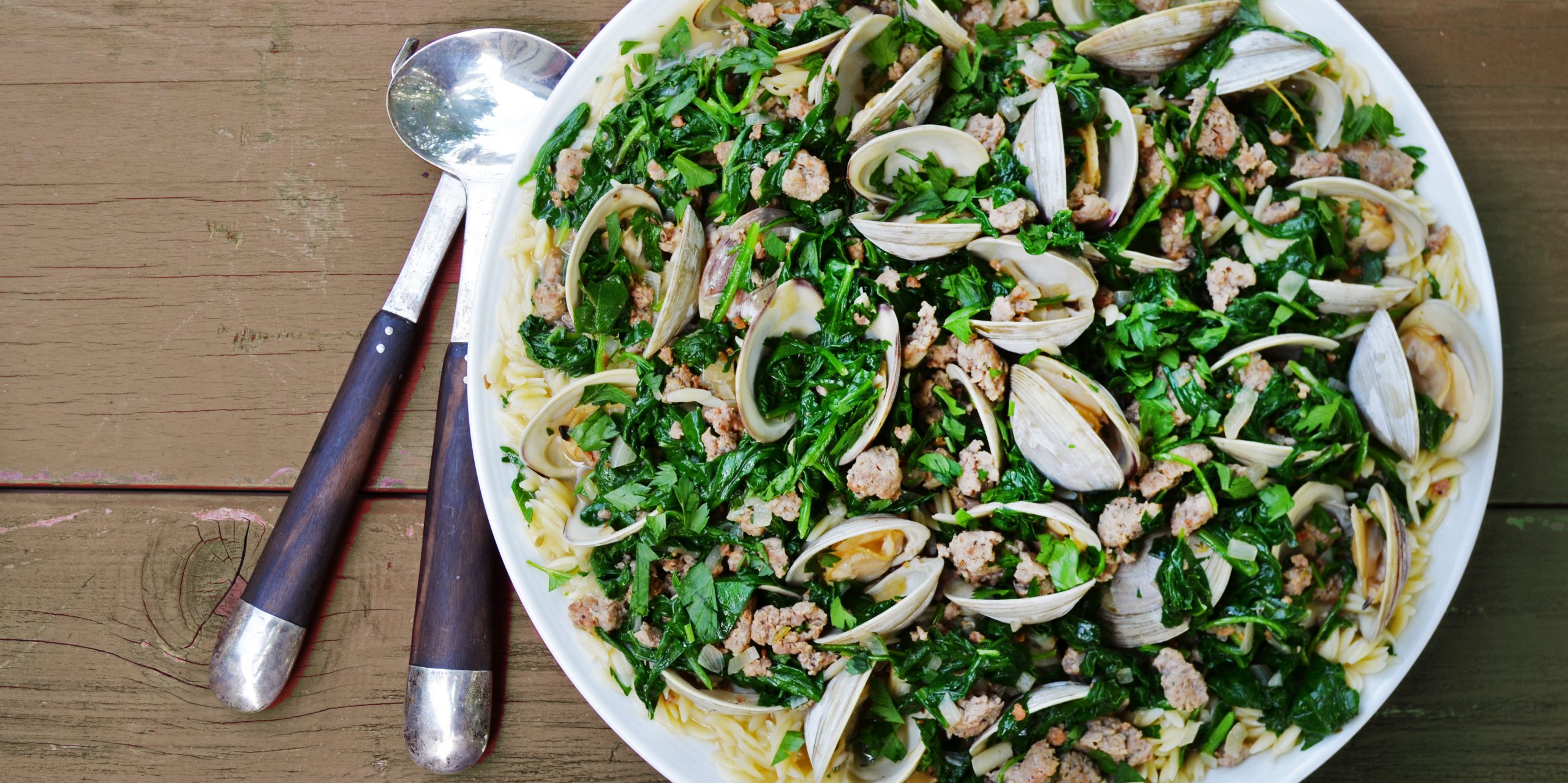 Ragout of Clams with Spinach, Sausage and Orzo - Andrew Zimmern
