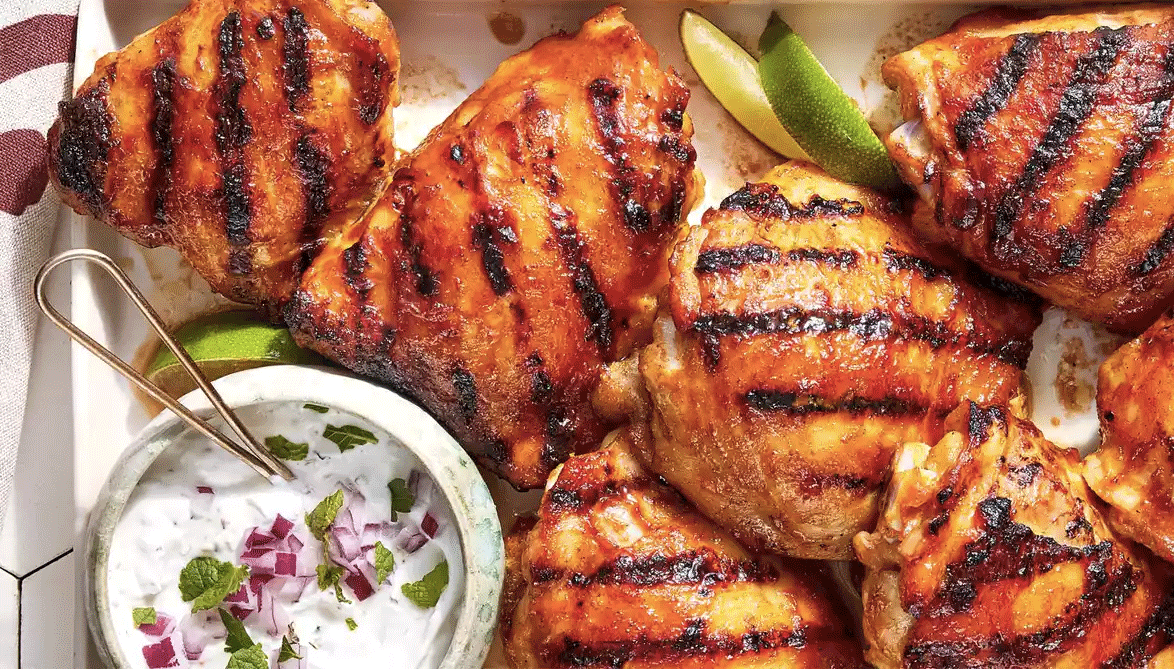Grilled Deviled Chicken Thighs With Mint-Yogurt Sauce Recipe - Andrew ...